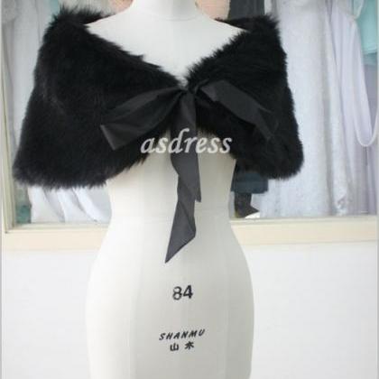 Black Bow Faux Fur Shawl Shrug Bolero White Or Ivory Bridal Wedding ...
