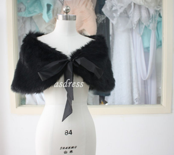 Black Bow Faux Fur Shawl Shrug Bolero White Or Ivory Bridal Wedding ...